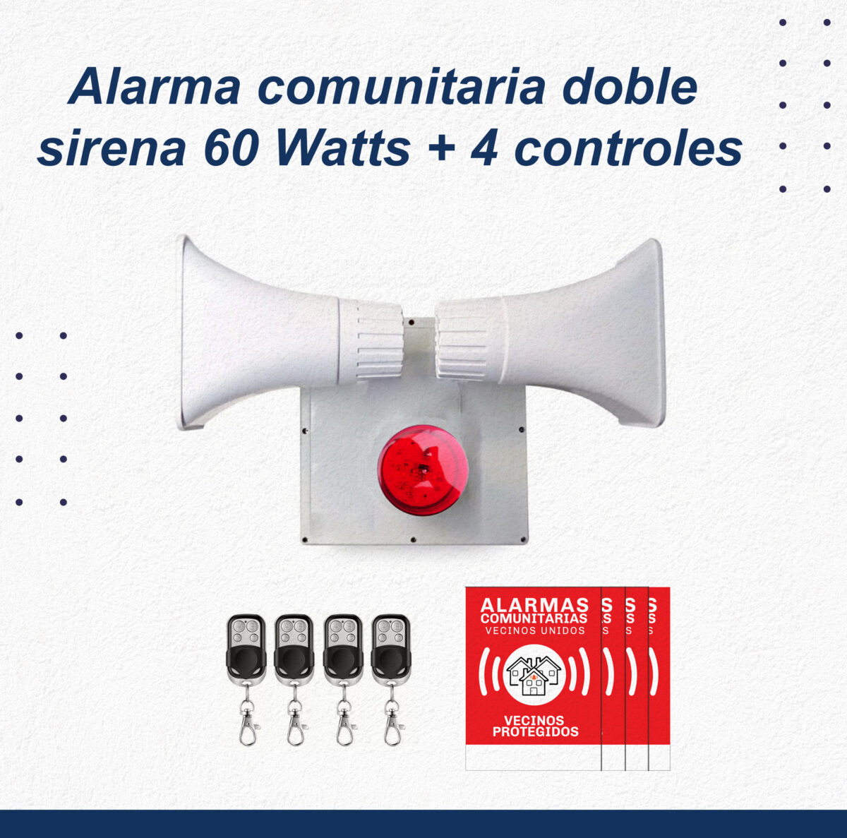 Alarma comunitaria doble sirena 60 Watts + 4 controles ...